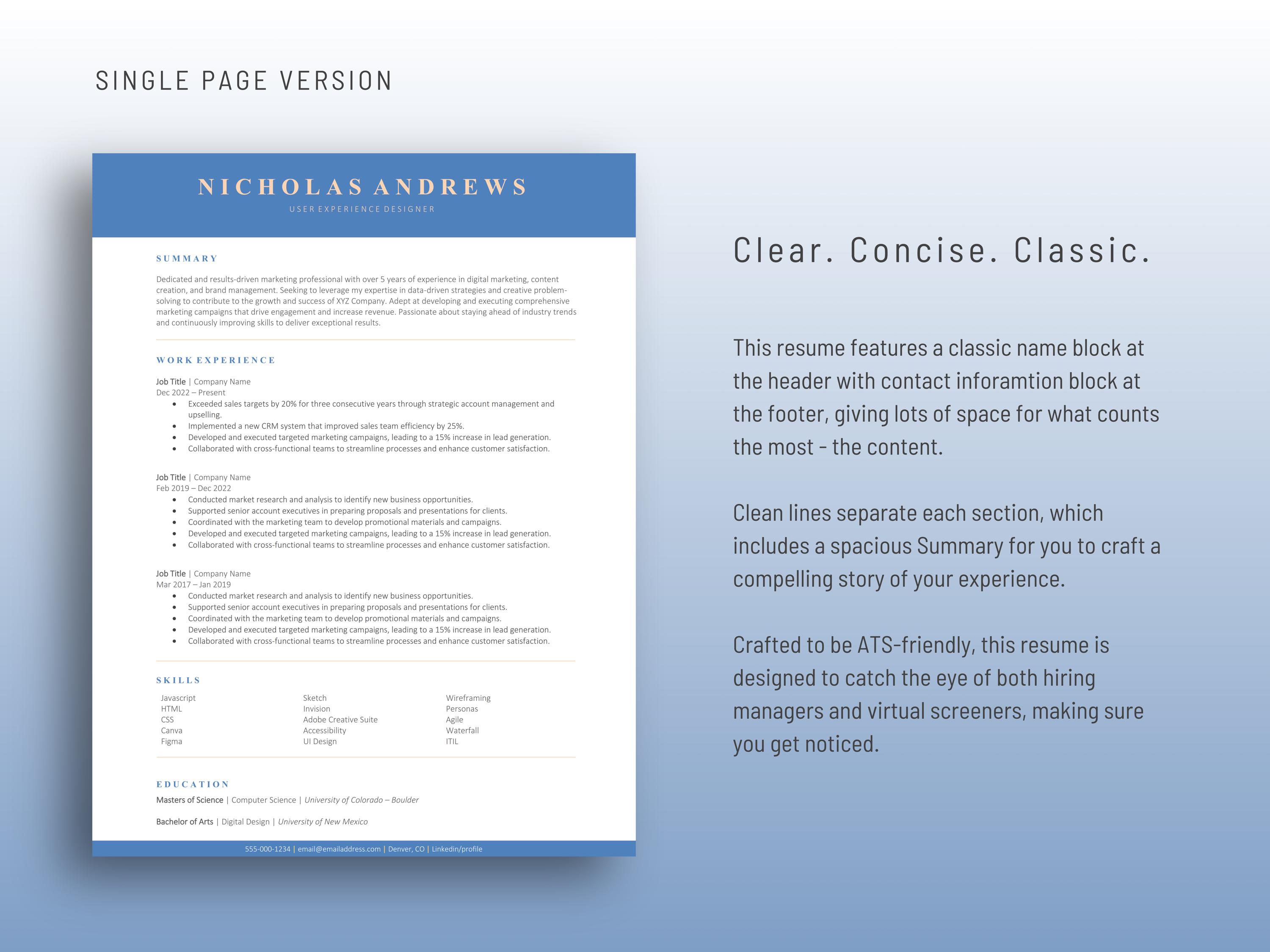 Classic Resume Template for Word | Customizable & Editable Fonts and ...