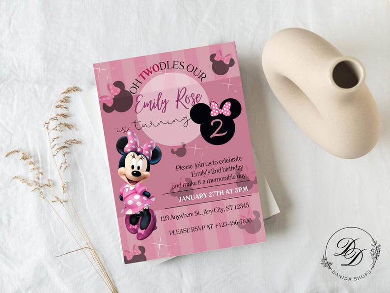 Minnie Mouse 2nd Birthday Invitation: Pink Polka Dot, Editable Canva ...