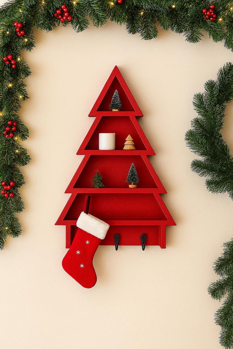 Wooden Christmas Tree Shelf With Hooks-holiday Decor - Etsy