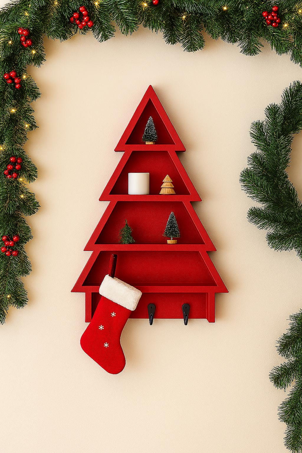 Wooden Christmas Tree Shelf With Hooks-holiday Decor - Etsy