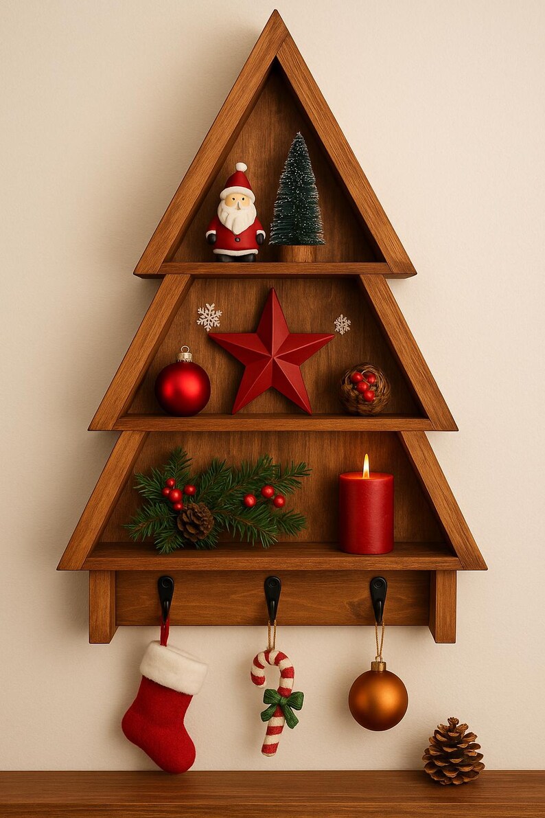 Wooden Christmas Tree Shelf With Hooks-holiday Decor - Etsy