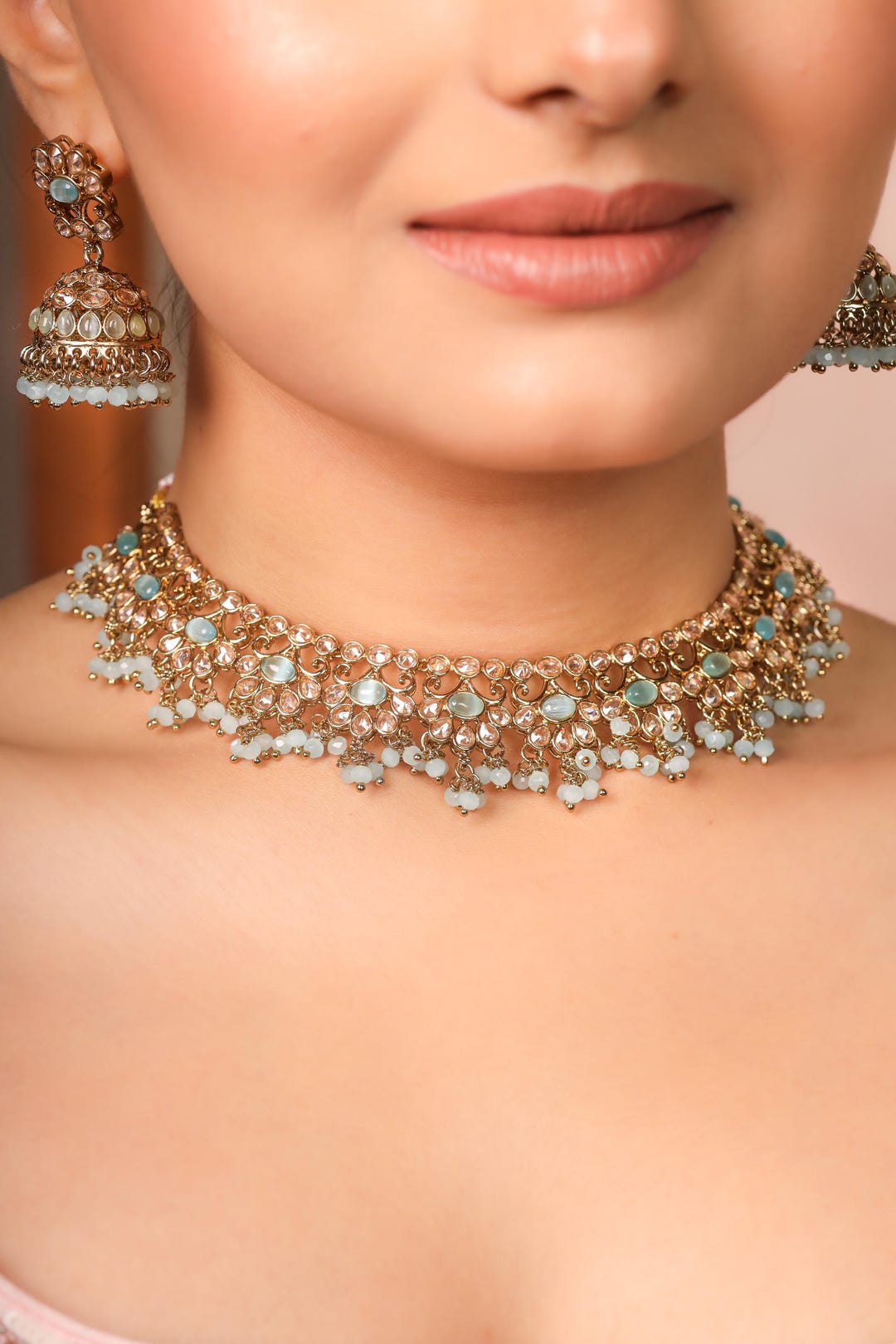 Blue Polki Stone Necklace Set: Indian Wedding Jewelry With Jhumka ...