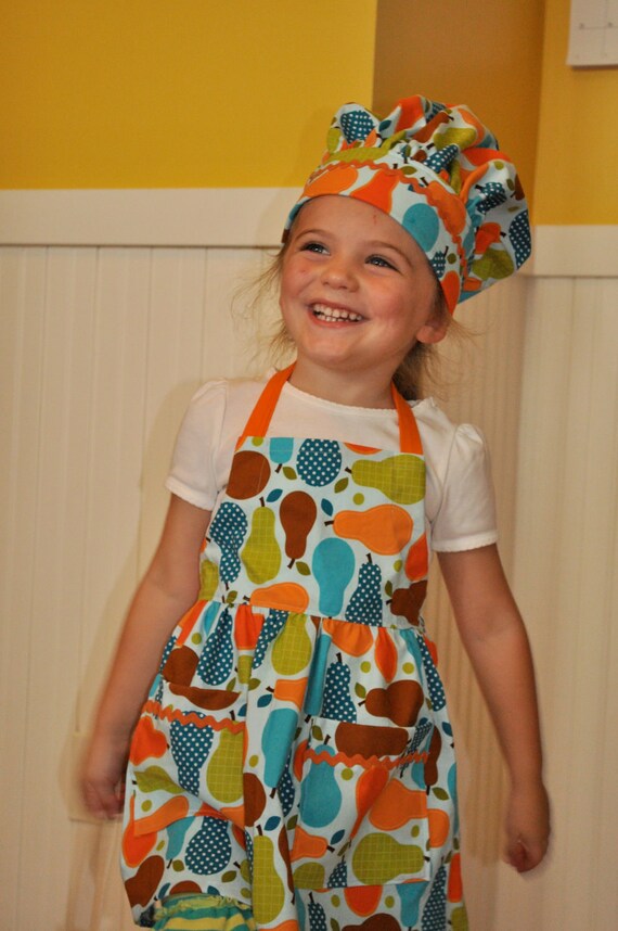 Items similar to Little Baker chef set in a pear print Chef Hat and ...