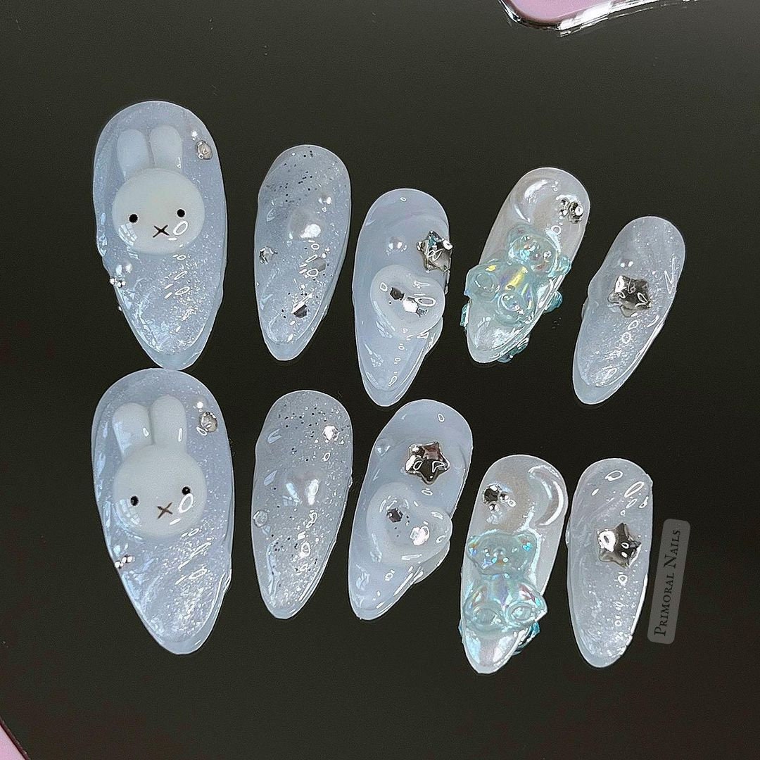 Baby Blue Cartoon Miffy Press on Nails, Mermaid Nails,3d Nail Art ...
