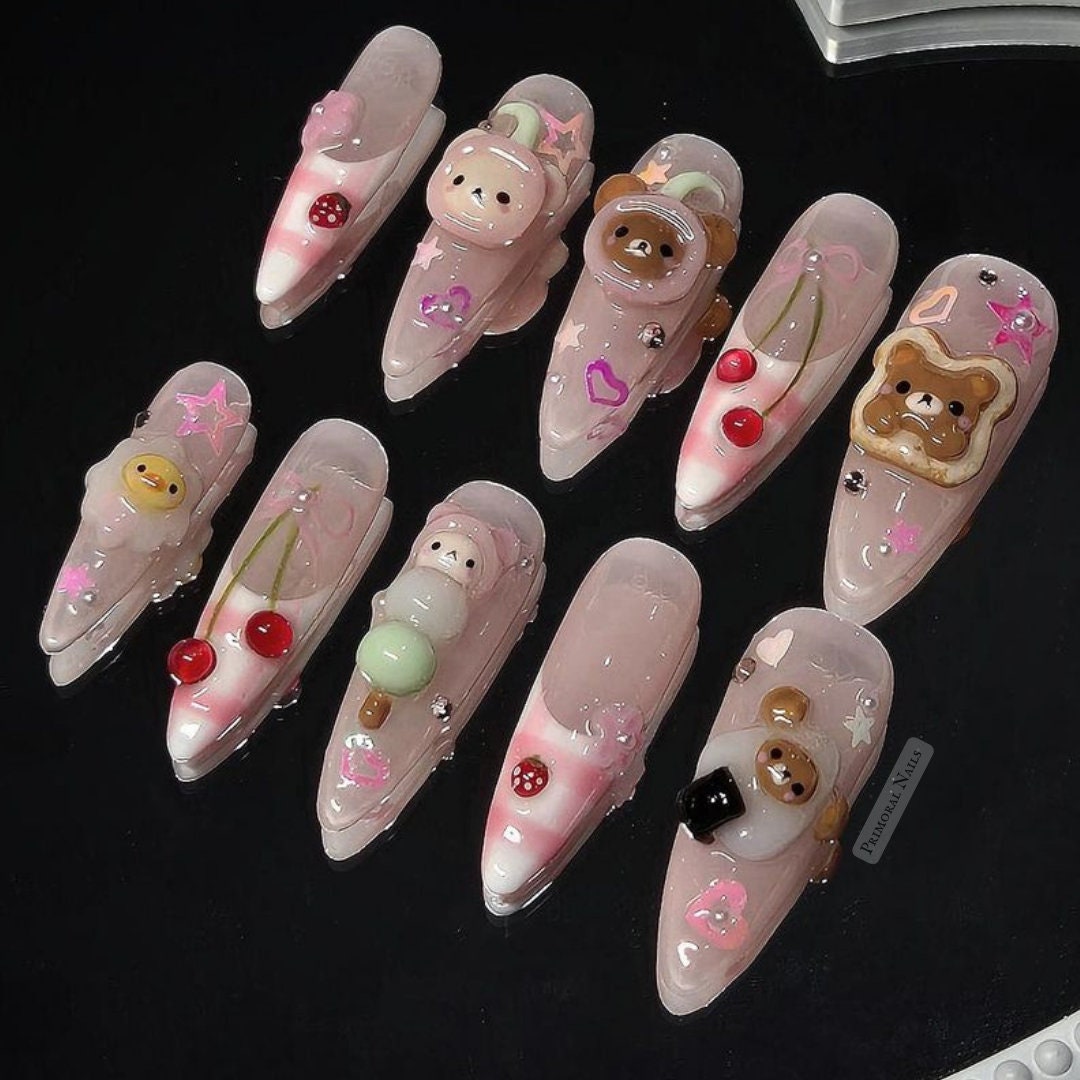 Rilakkuma Bear 3D Press on Nails: Handmade Kawaii Almond Nails - Etsy