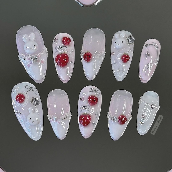 Dreamy Pink Press on Nails | Nail Set With Strawberry Design Fake Nails ...