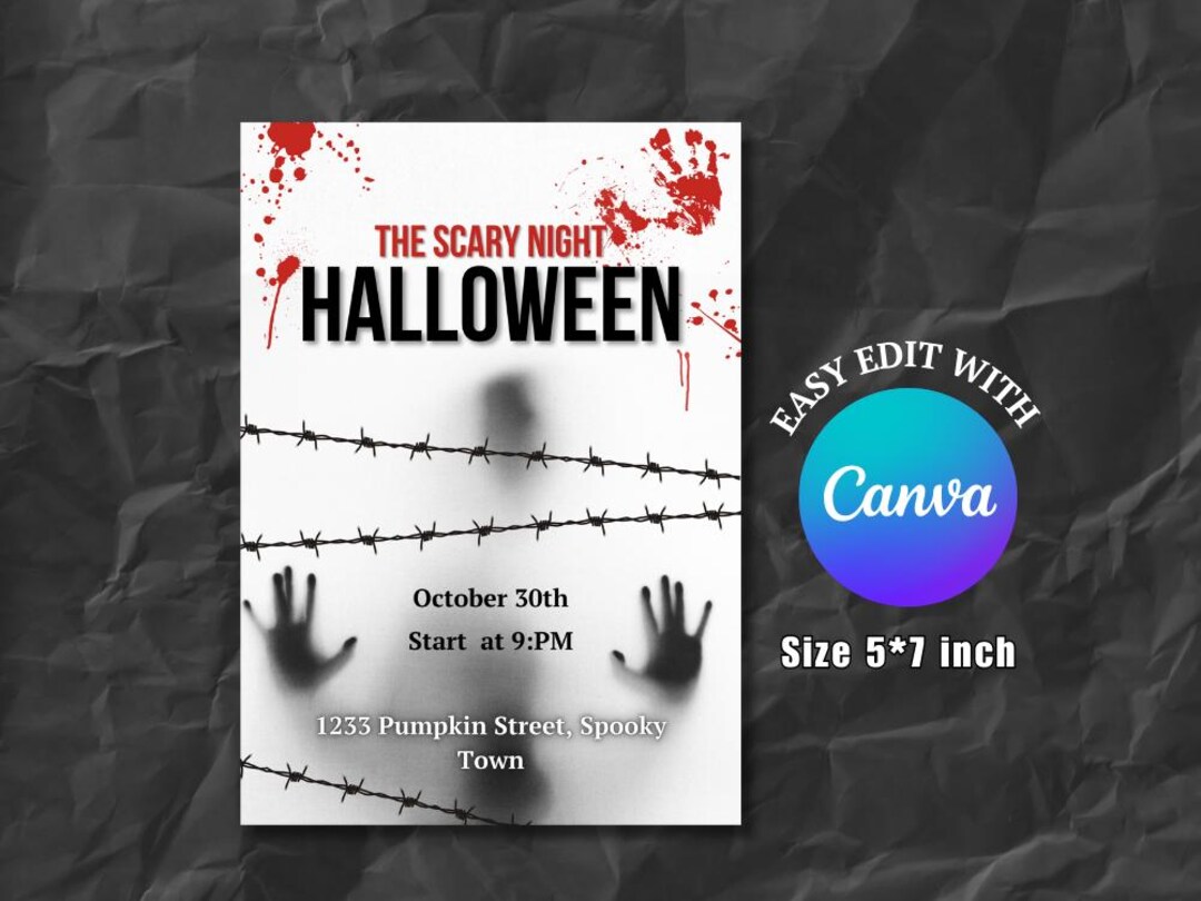 Editable Scary Halloween Party Invitation Canva Template Spooky Night ...