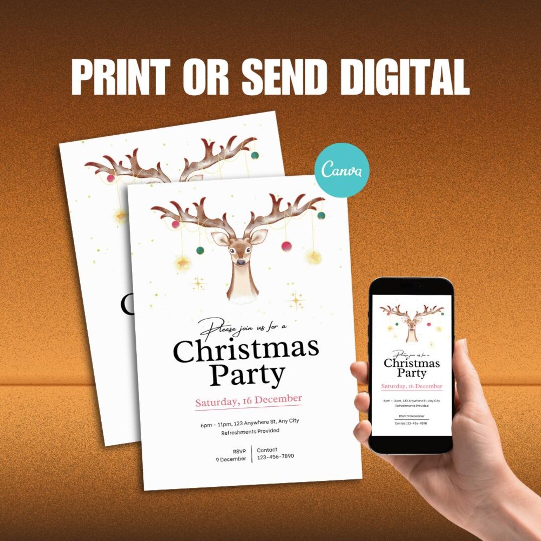 Christmas Party Invitation | Reindeer Design | Editable Canva Template ...