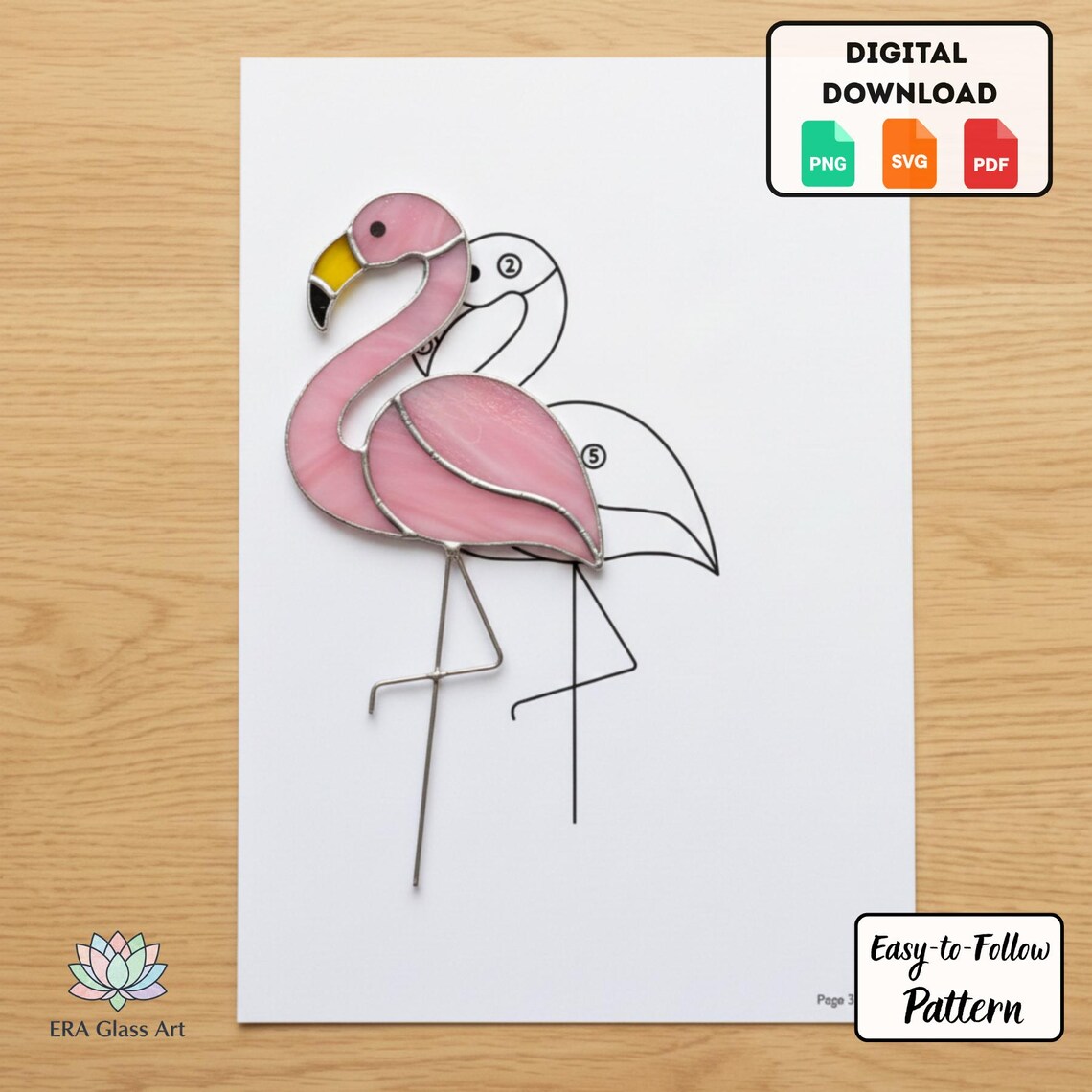 Flamingo Stained Glass Pattern PDF, Plant Stake & Suncatcher Template ...