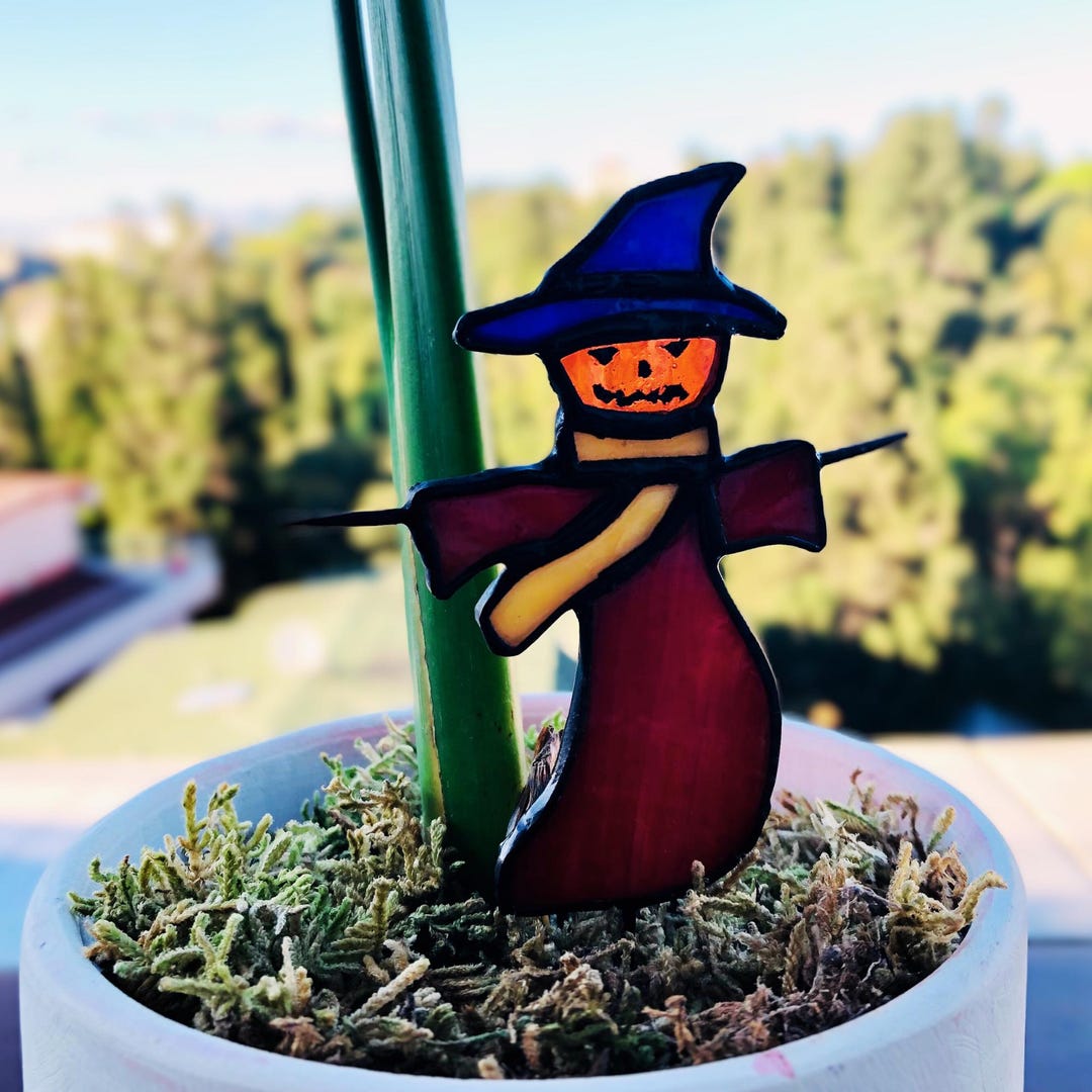 Stained Glass Art - Scarecrow Suncatcher - Handmade Halloween Planter ...