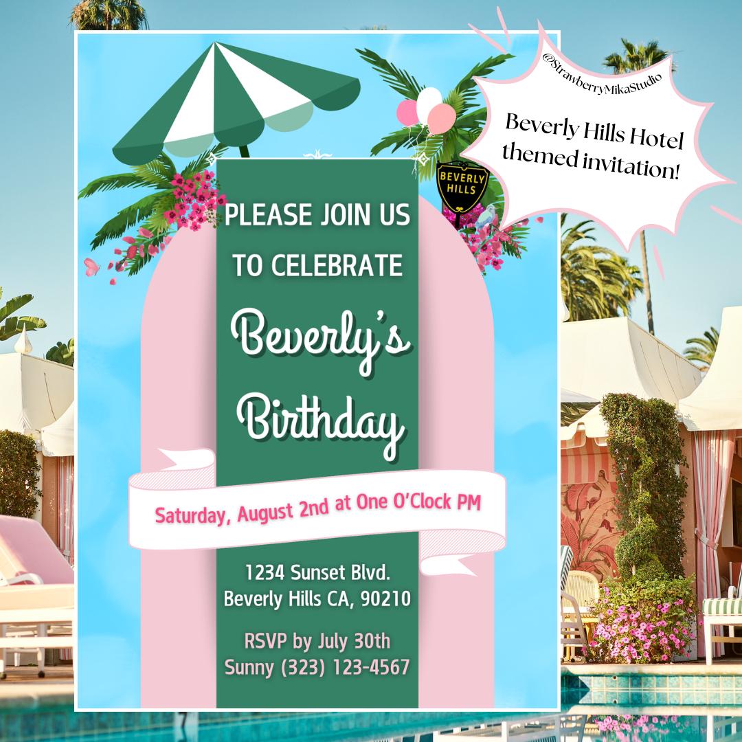 Beverly Hills Hotel California Party Theme Invite, Editable Template ...