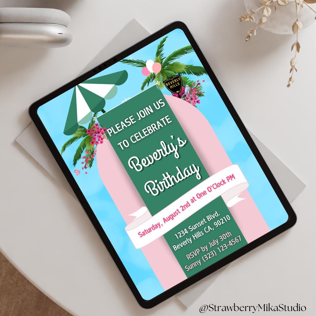 Beverly Hills Hotel California Party Theme Invite, Editable Template ...