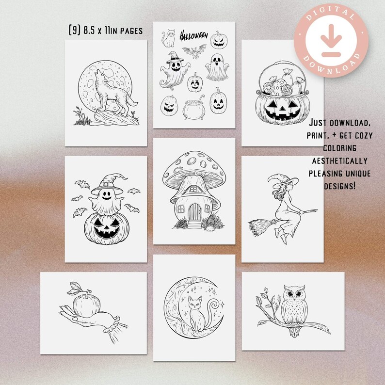 Set of 9 Printable Halloween Coloring Sheet, Jack O' Lanterns, Ghosts ...
