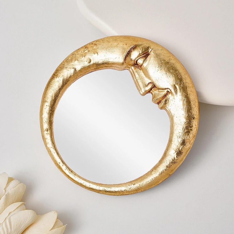 Gold Face Moon Mirror – Resin Round Hanging Wall Decor, Creative ...