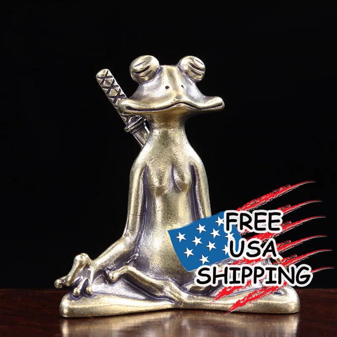 Retro Brass Master Frog Statue - Meditating Frog Figurine With Sword ...