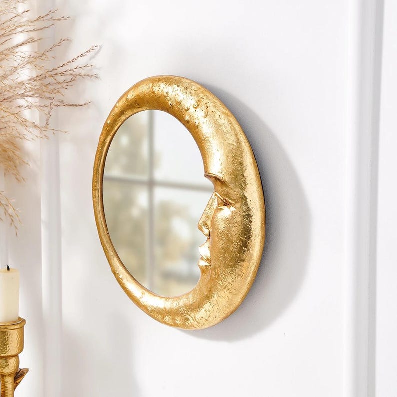 Gold Face Moon Mirror – Resin Round Hanging Wall Decor, Creative ...