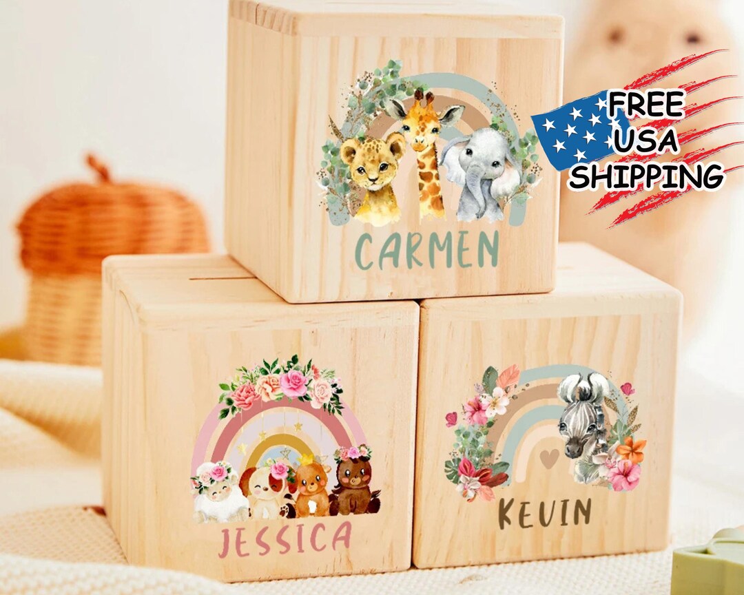Personalized Wooden Kids Animals Piggy Bank, Wood Gift for Kids, Custom ...