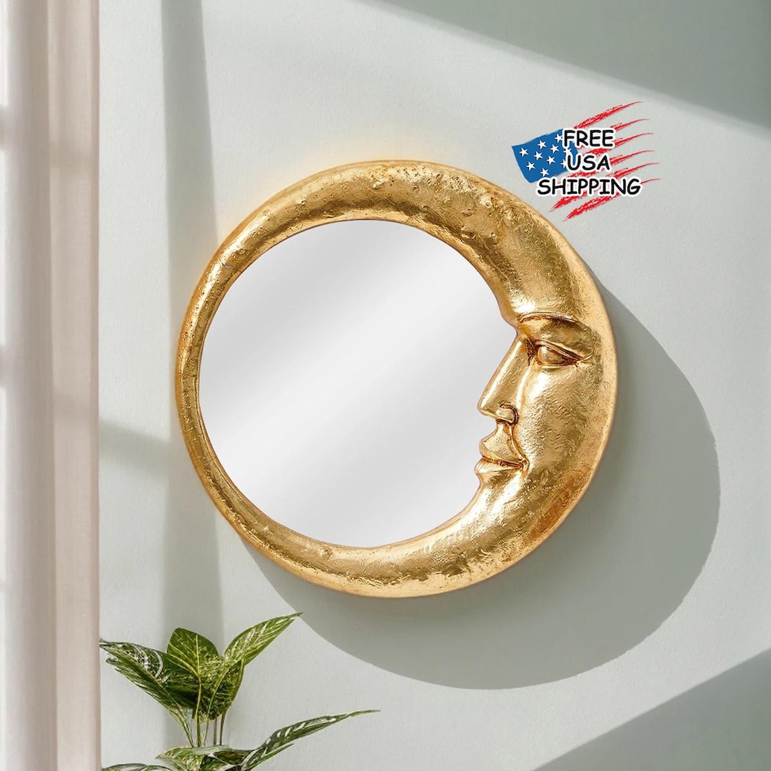 Gold Face Moon Mirror – Resin Round Hanging Wall Decor, Creative ...
