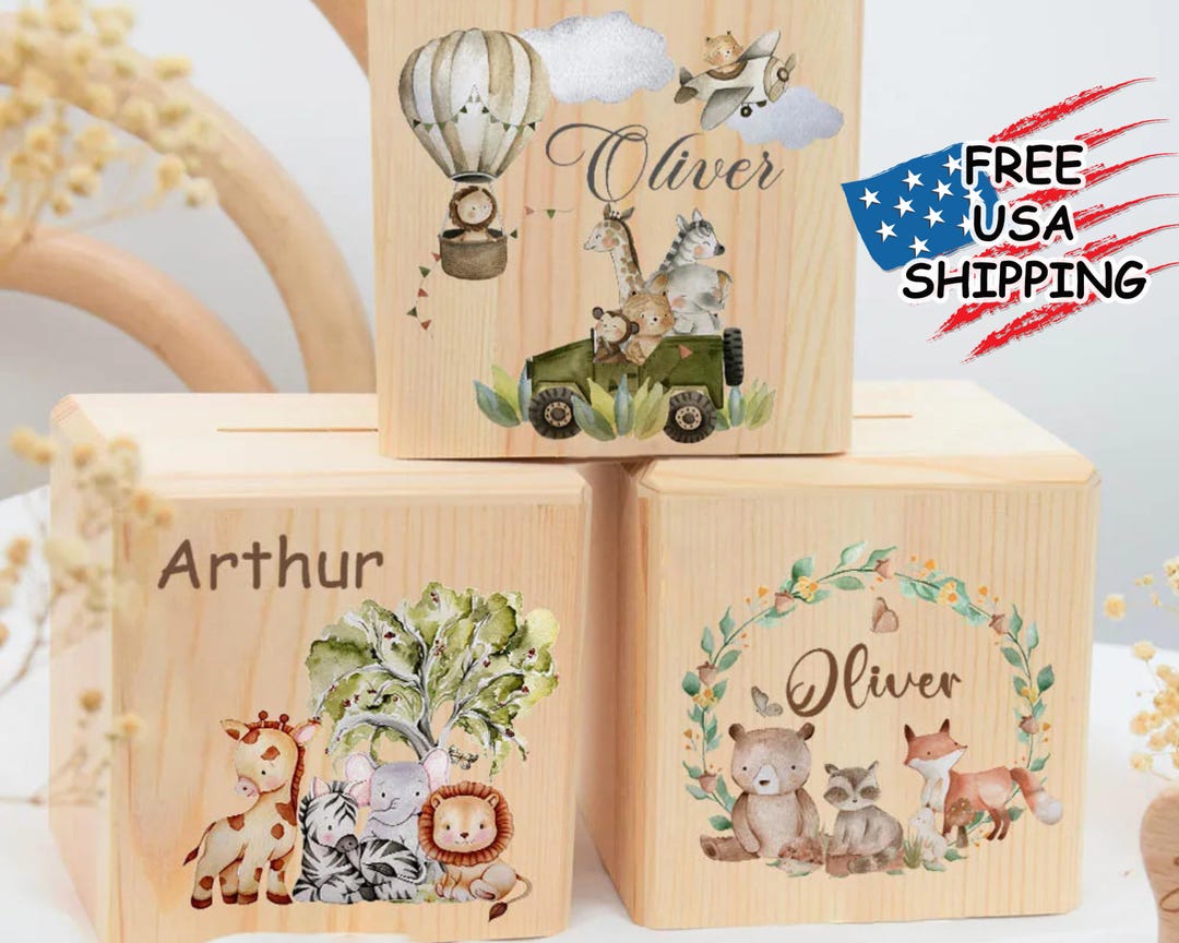 Personalized Wooden Kids Animals Piggy Bank, Wood Gift for Kids, Custom ...