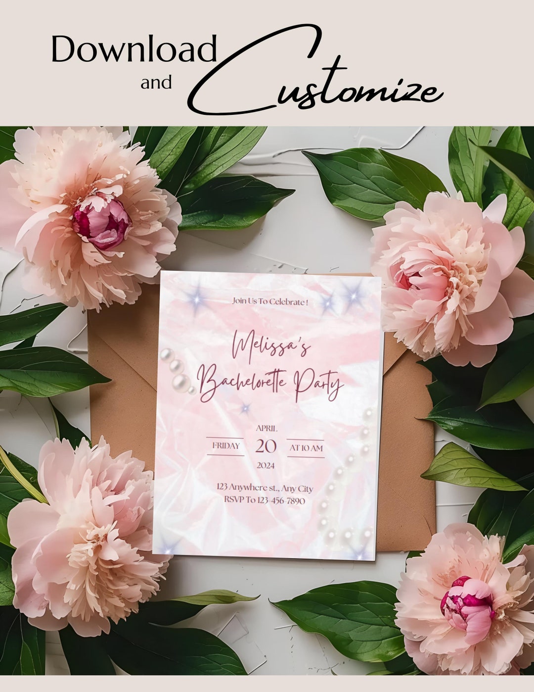 Pink Satin and Pearls | Editable Digital Party Invitation Template ...