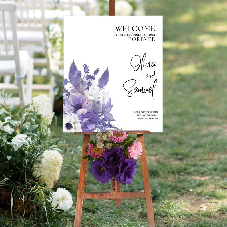 Wedding Welcome Board Editable Template Casual Purple Floral Design DIY ...