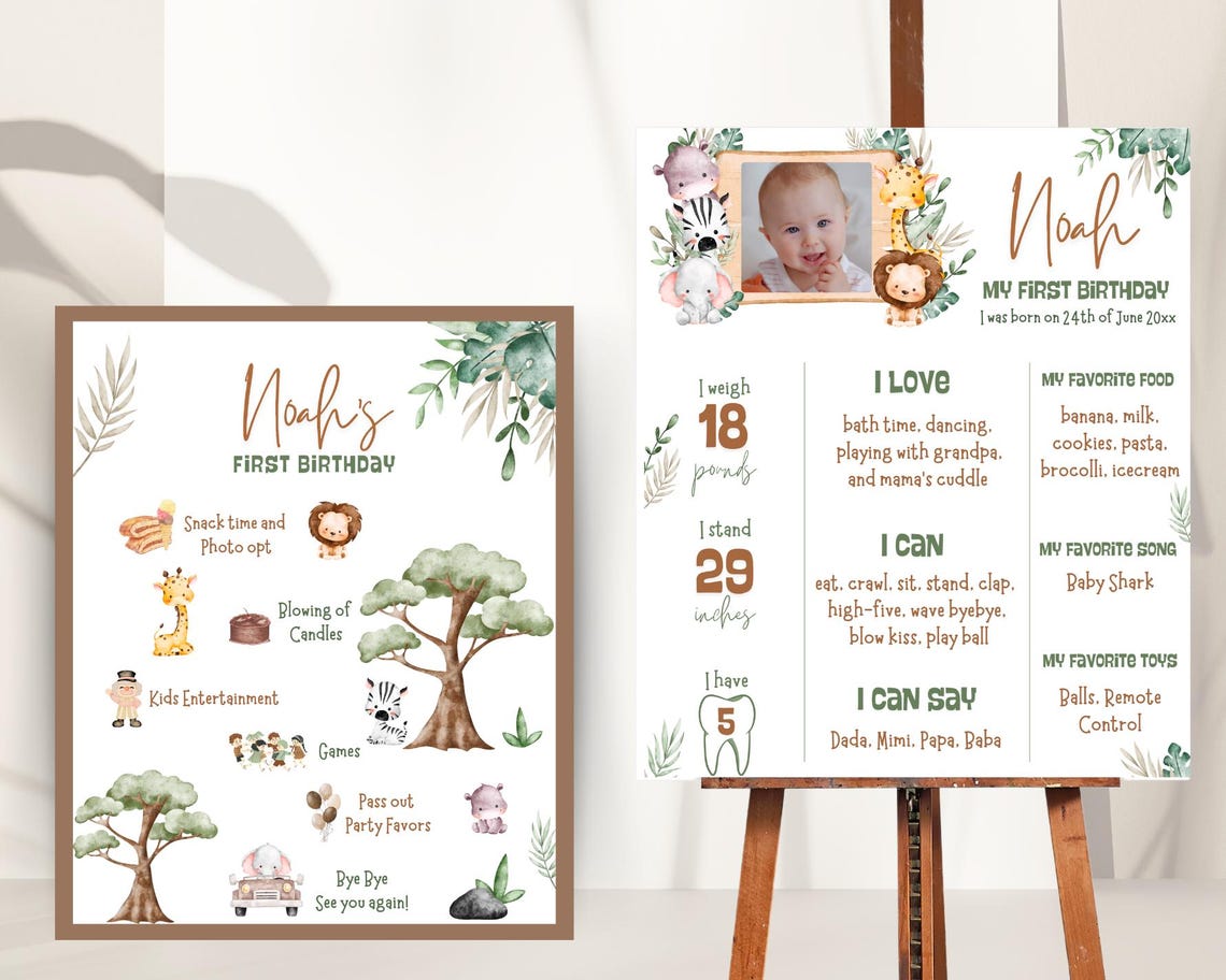 Birthday Milestone Safari Animals Theme Party Editable Template First ...
