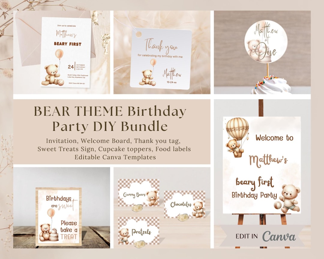 Bear Birthday Bundle Editable Template Bear Birthday Invitation Boho ...
