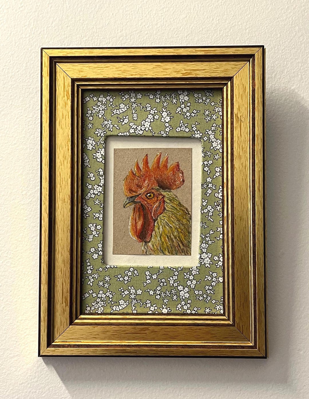 Original Cockerel Drawing, Colored Pencil Art, Golden Frame, Farmhouse ...