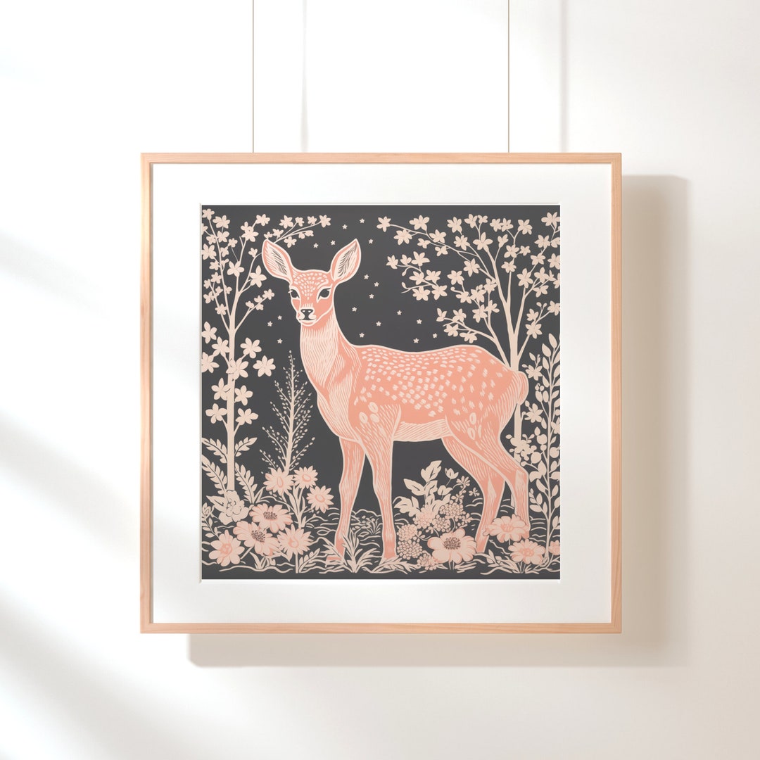 Pink Deer Art Print, Deer Nursery Art Instant Download, Peach Cottage ...