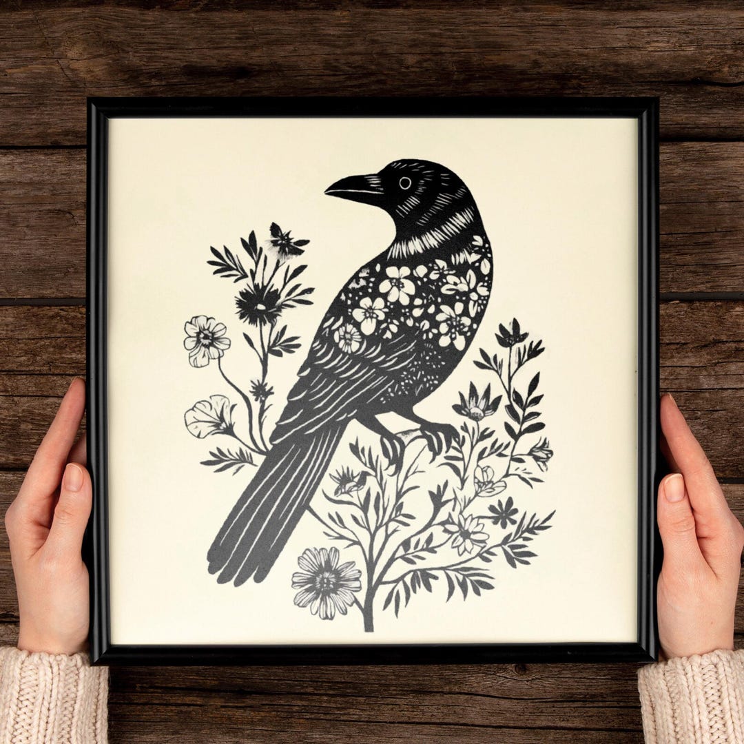 Floral Raven Art Print, Modern Botanical Bird Illustration, Nature Wall ...