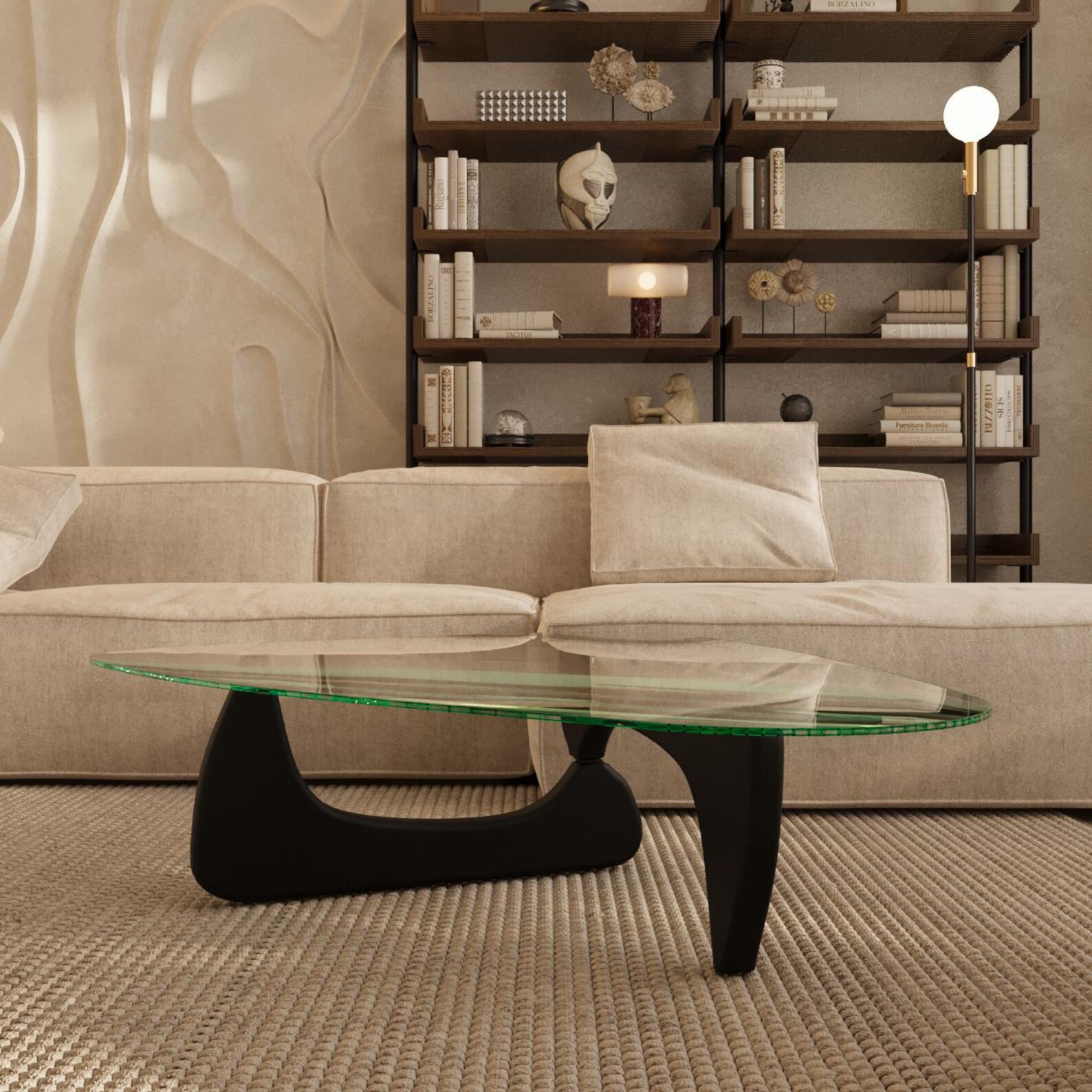 Sculptural Wooden Coffee Table , Noguchi-inspired Tempered Glass Top ...