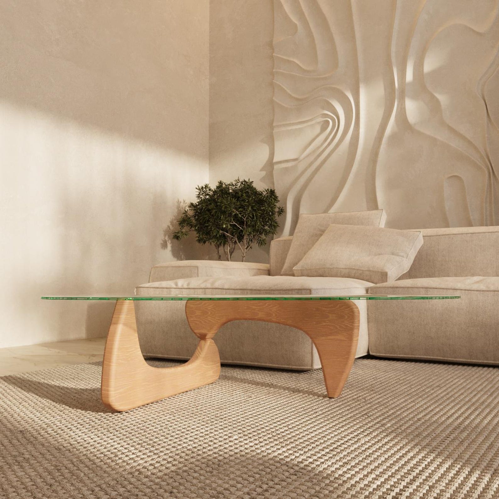 Sculptural Wooden Coffee Table , Noguchi-inspired Tempered Glass Top ...