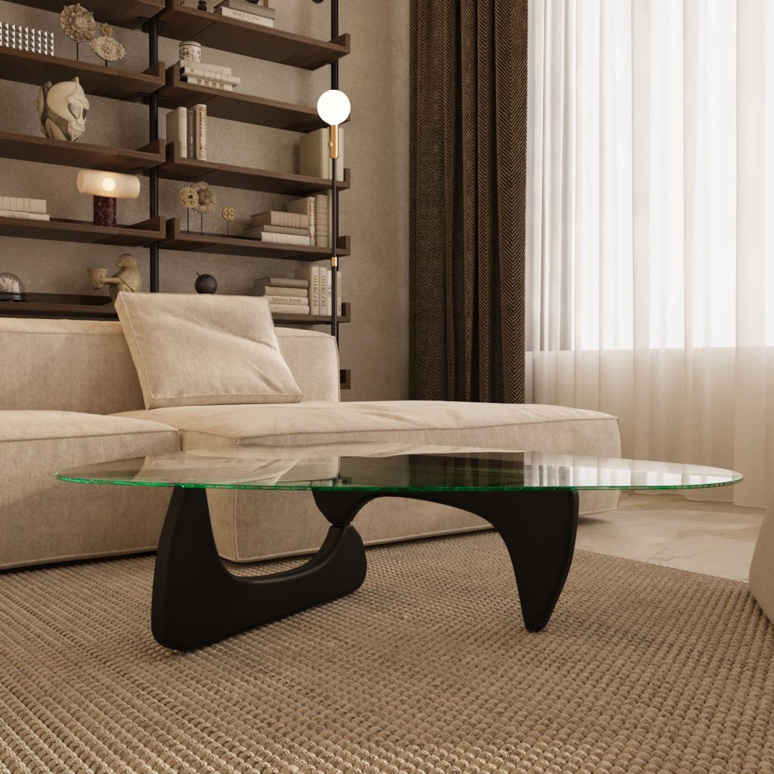Sculptural Wooden Coffee Table , Noguchi-inspired Tempered Glass Top ...