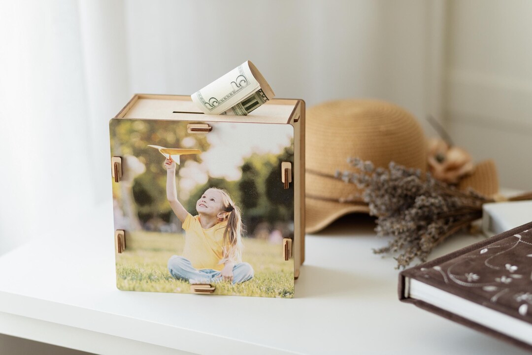 Wooden Piggy Bank With Custom Photo Memory Box, Personalized Baby Bank ...