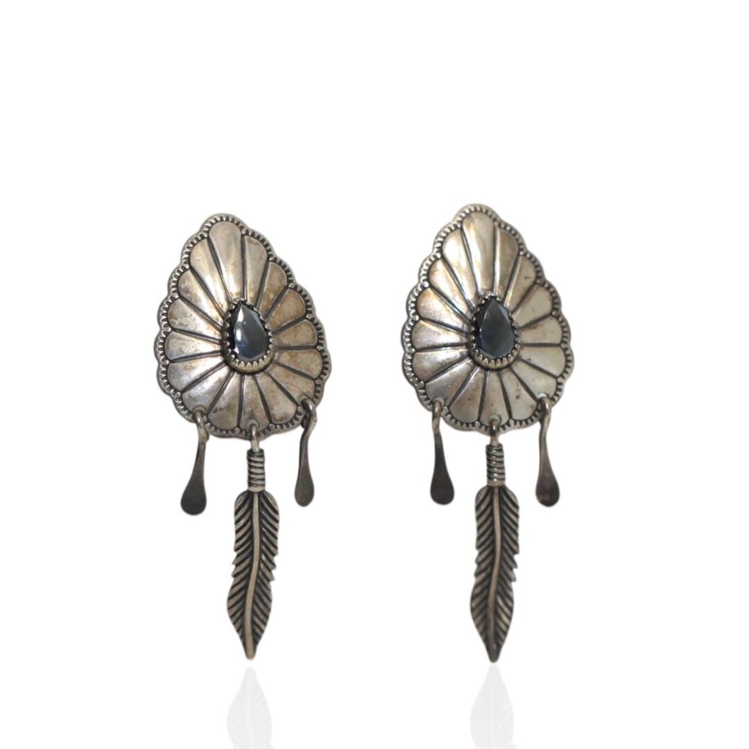1960s Vintage Sterling Silver Concho Earrings With Hematite Feather ...