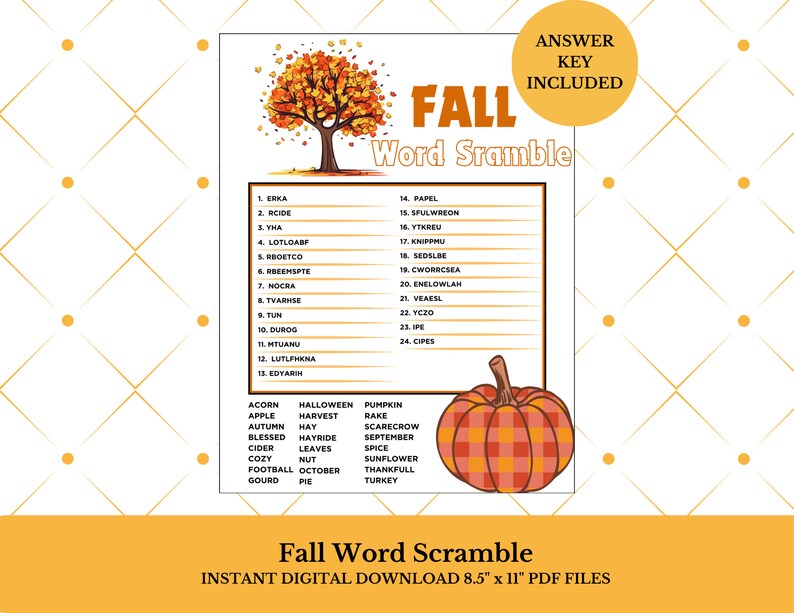 Fall Word Scramble: Kids Activity Worksheet (PDF) - Etsy