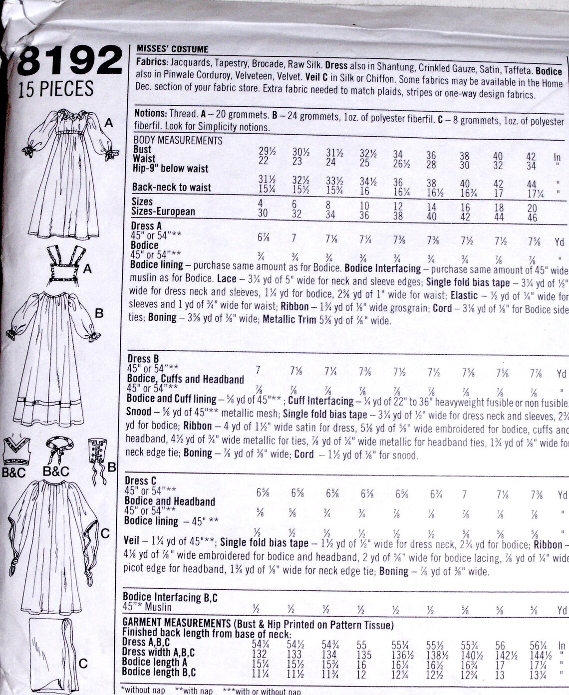 Simplicity 8192 Sewing Pattern Renaissance Dress Gown Costume Sizes 10 ...
