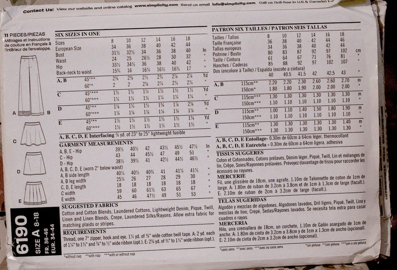 Sewing Pattern Vintage 1980s NEW LOOK # 6190 Misses Pants & Skirts ...