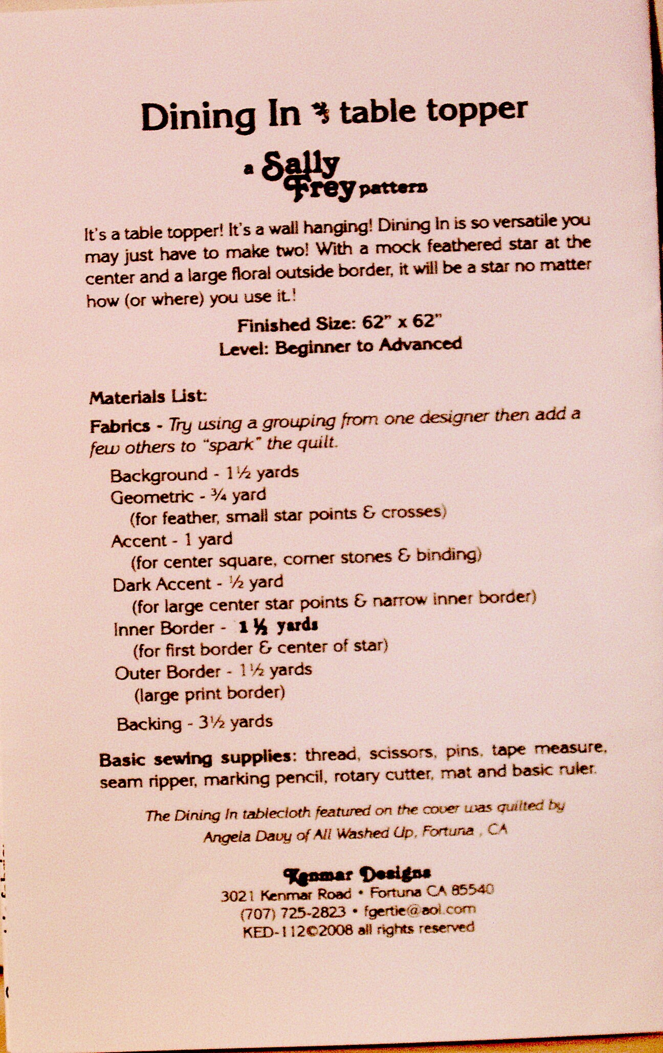 Sally Frey Quilt Pattern for Table Topper "dining In" Feathered Star by ...