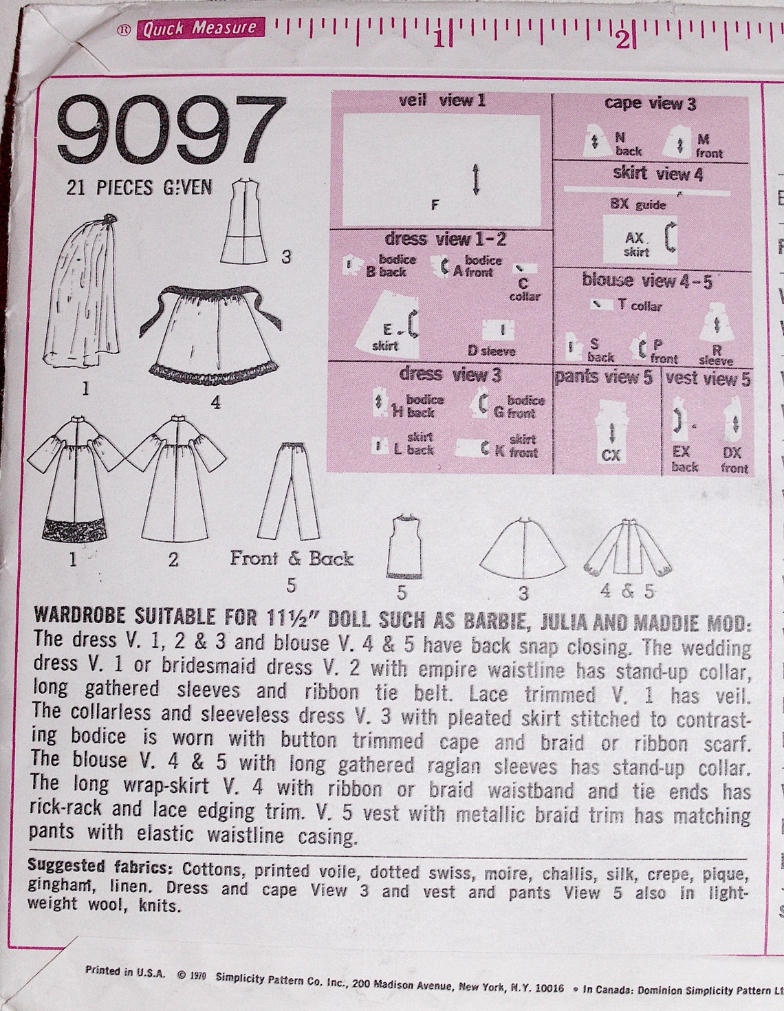 Vintage SIMPLICITY 9097 BARBIE Doll Clothes PATTERN 11.5" Fashion Doll ...