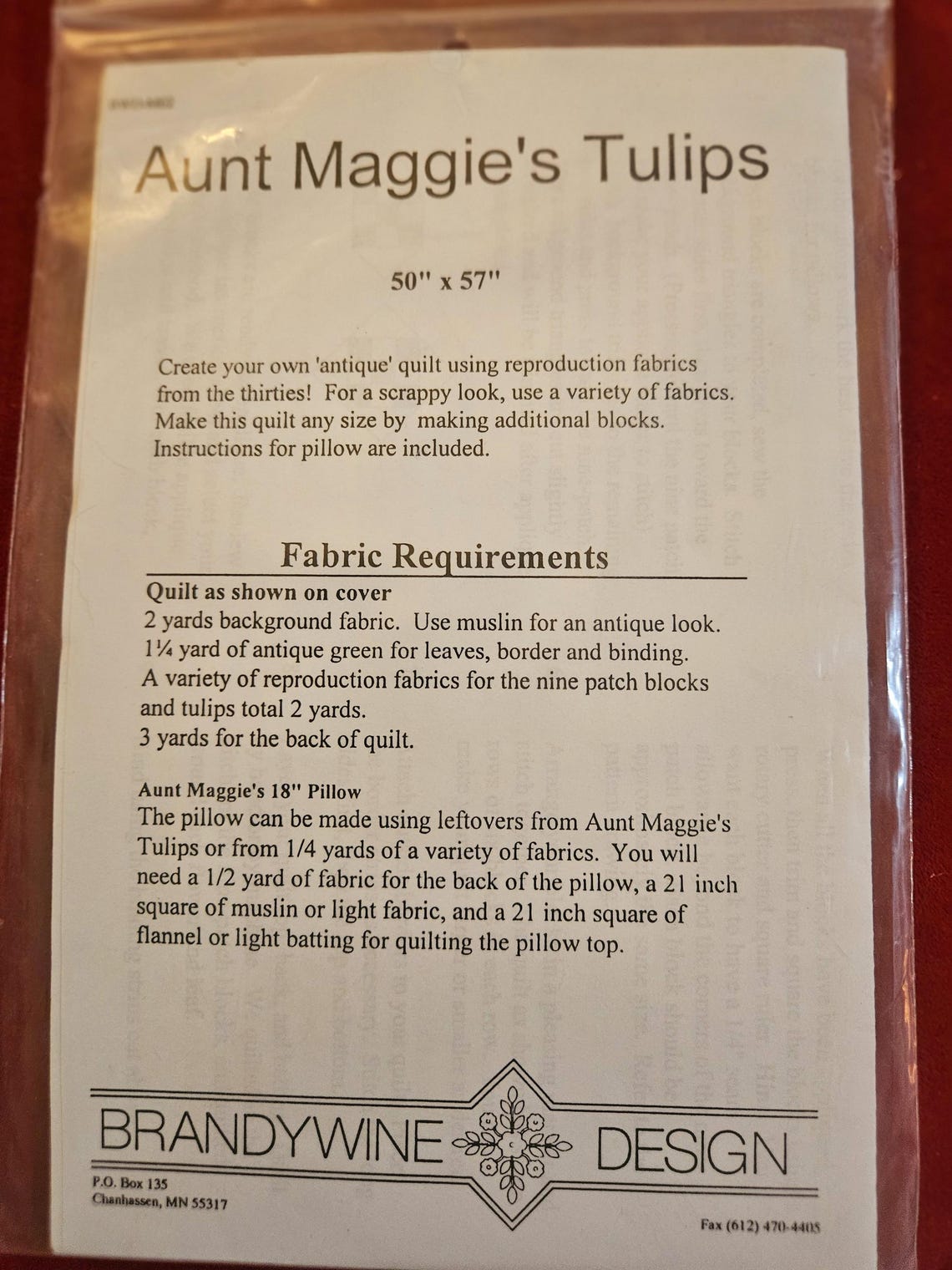 Brandywine Design #BWD-M02 Aunt Maggie's Tulips Quilt/pillow Pattern, # ...