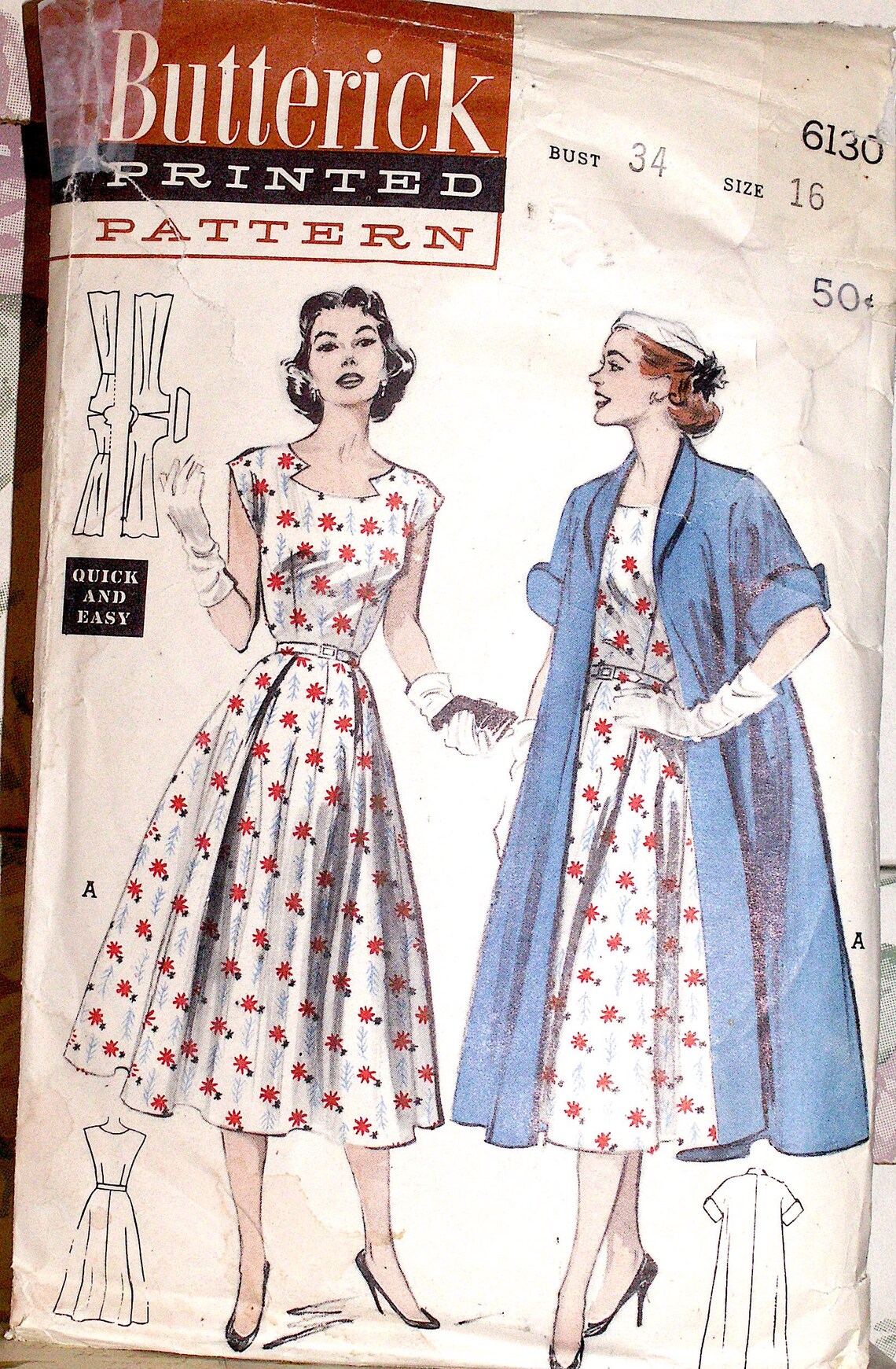 Vintage Butterick Pattern 6130 Size 16 Misses Dress and Redingote ...
