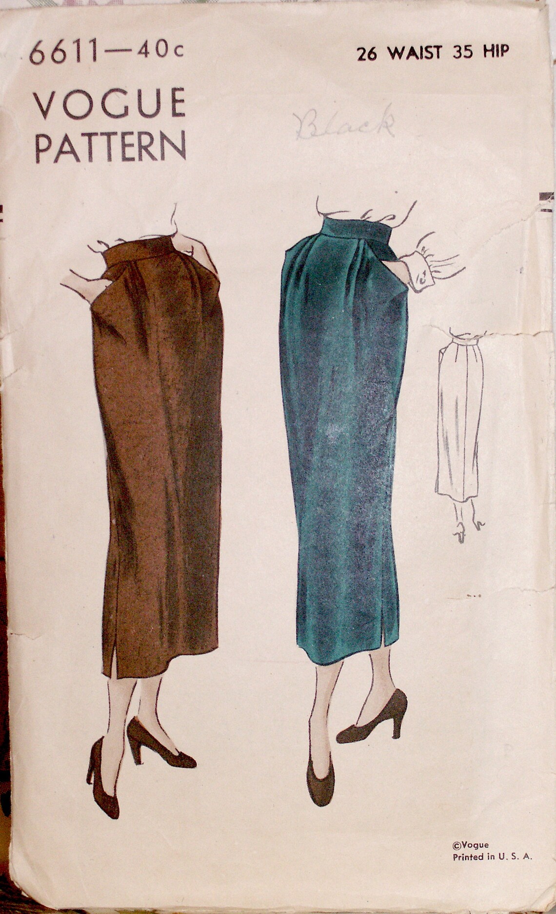 1940s Vintage VOGUE 6611 Long Slim Skirt Sewing Pattern Waist 26 Hip 35 ...