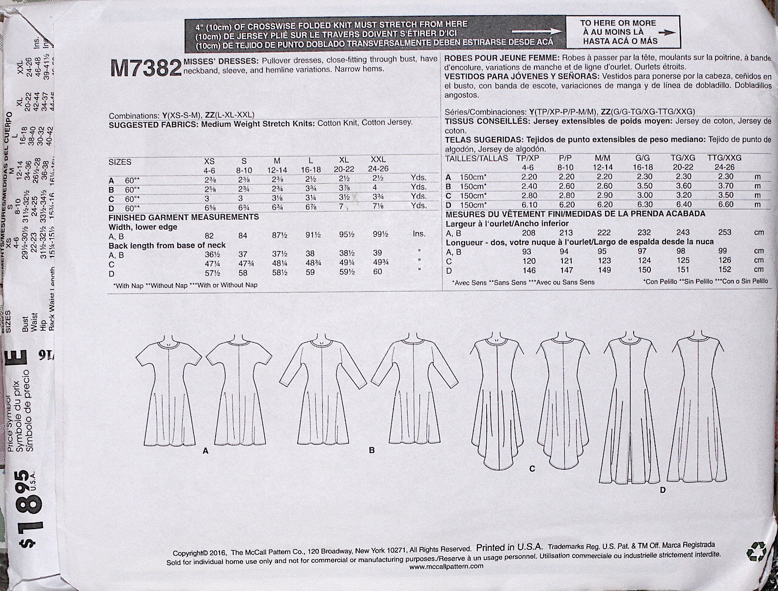 Mccall's Pattern # M7382 Sewing Pattern, Misses Dress, Lagenlook, Size ...