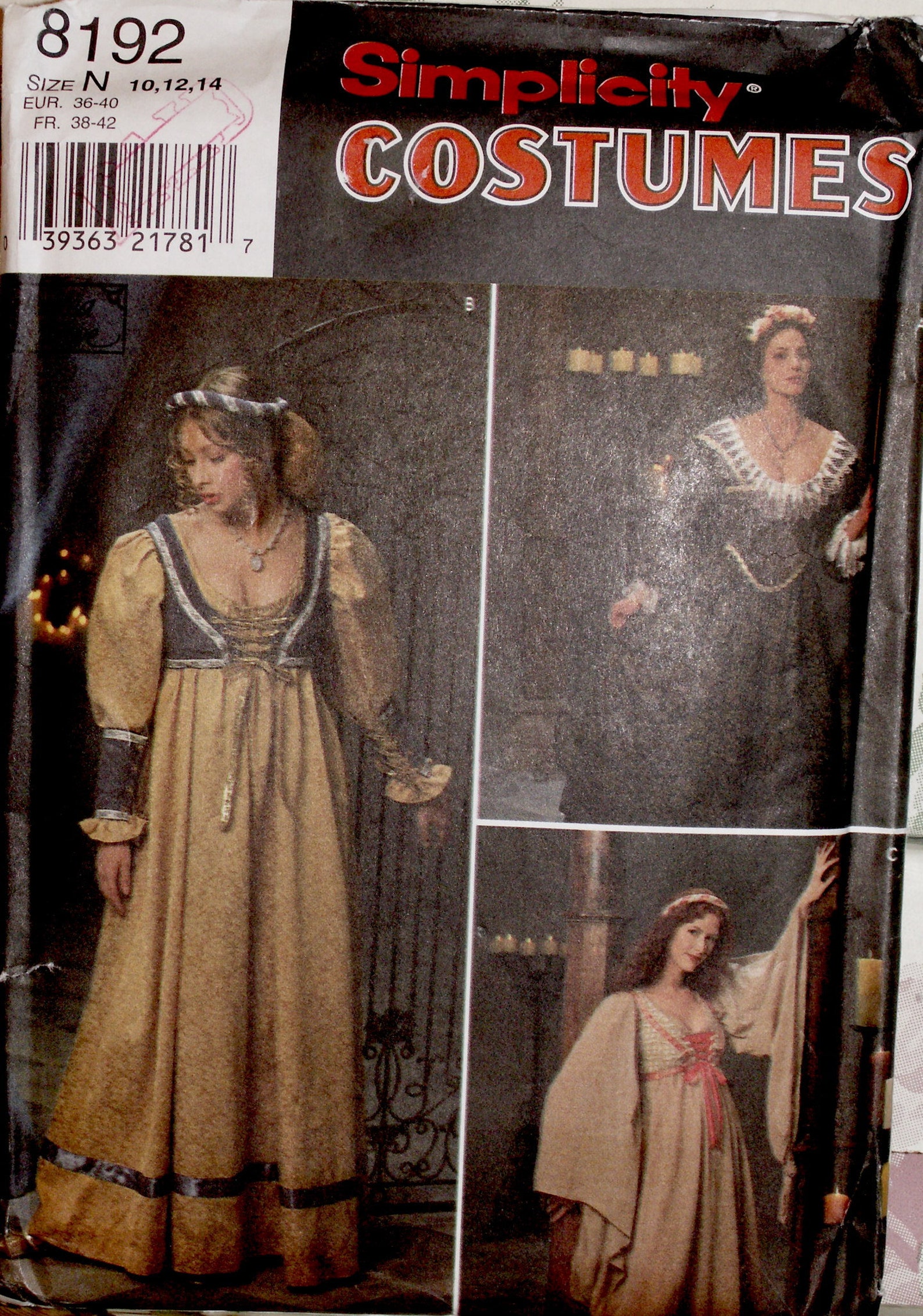 Simplicity 8192 Sewing Pattern Renaissance Dress Gown Costume Sizes 10 ...