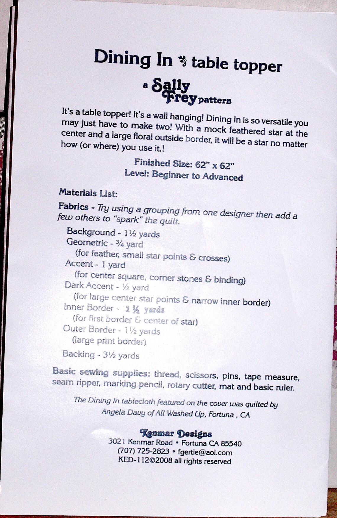 Sally Frey Quilt Pattern for Table Topper "dining In" Feathered Star by ...