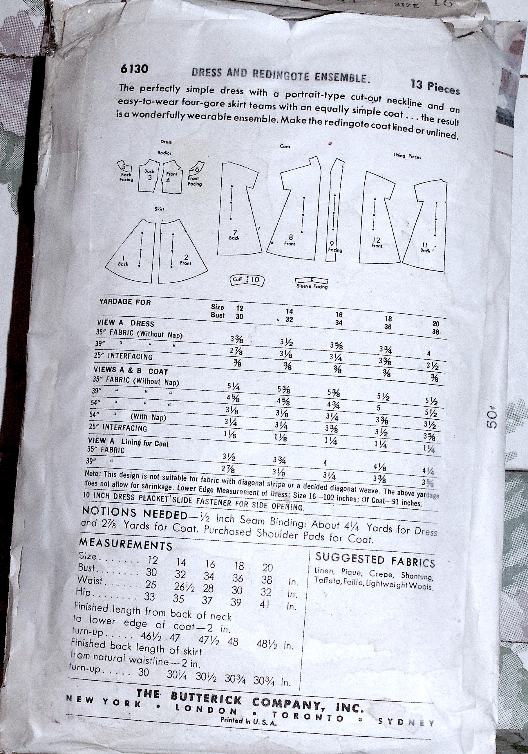 Vintage Butterick Pattern 6130 Size 16 Misses Dress and Redingote ...