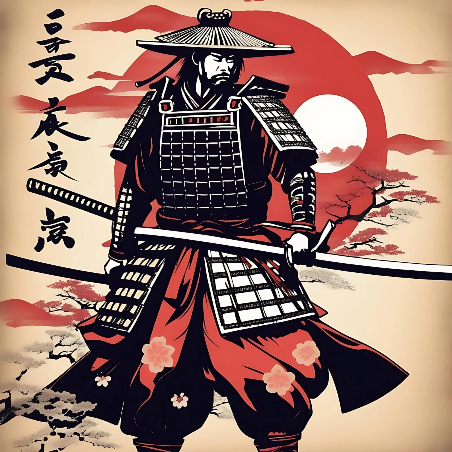 Japanese Wall Art;samurai Red Moon, Japan Art,japan Wall Art. Japanese ...