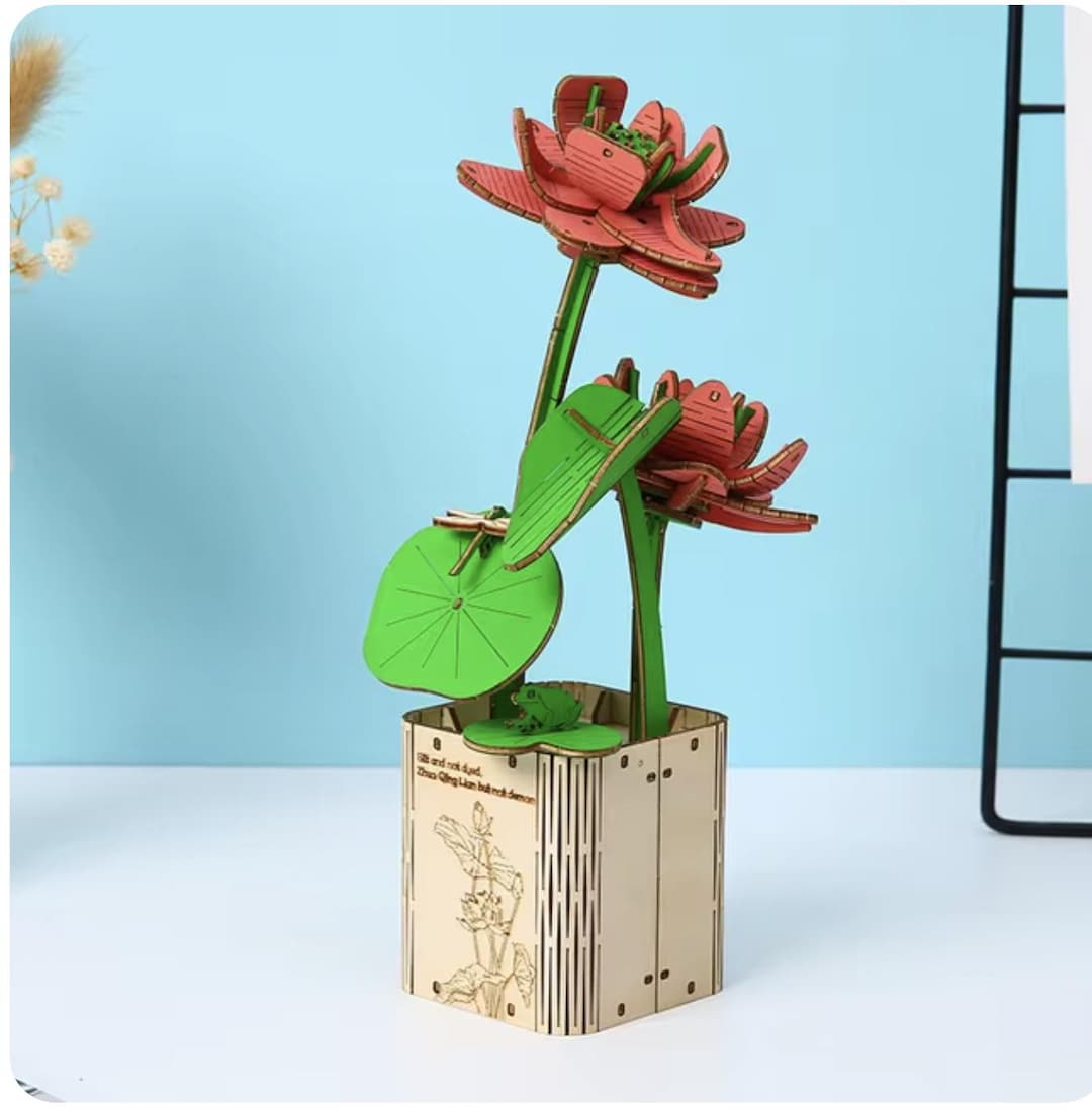 Wooden 3D Red Lotus Puzzle – DIY Floral Model Kit for Crafters + Decor ...