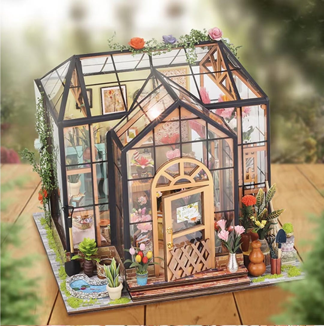 DIY Miniature Greenhouse Kit Wooden Model House With LED Light and ...